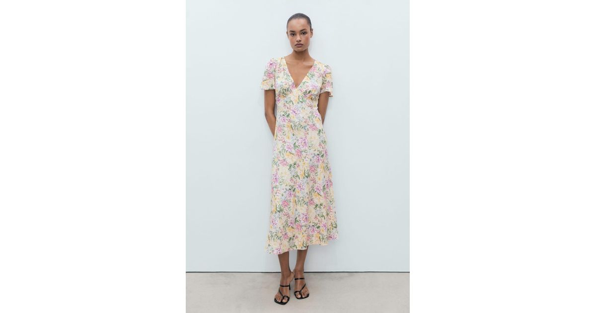 Mango Floral Linen-Blend Dress Ecru in White | Lyst