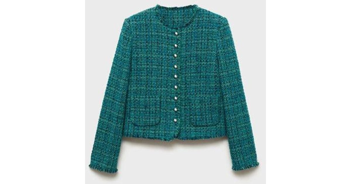 Mango Pocket Tweed Jacket Petrol in Green | Lyst UK