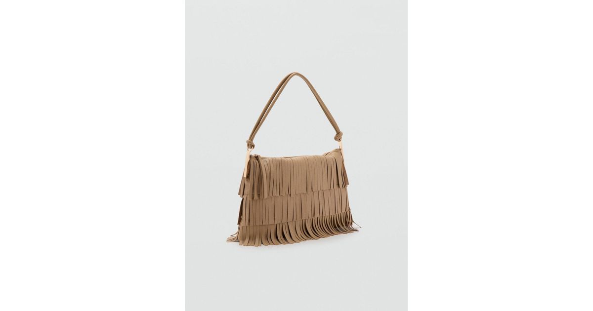 Mango Large Leather Shoulder Bag With Fringes in Natural | Lyst