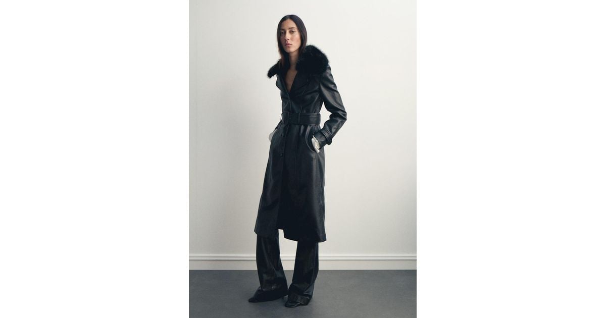 Mango Leather-Effect Coat With Fur Collar in Blue | Lyst UK