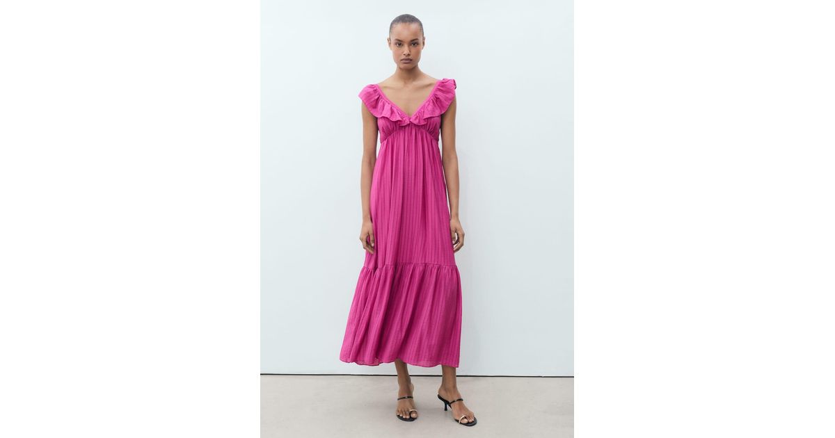 Mango Long Dress With Ruffle Neckline in White | Lyst