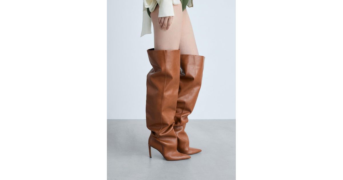 Mango High Leather Boot With Ruffled Detail Tobacco in White | Lyst UK