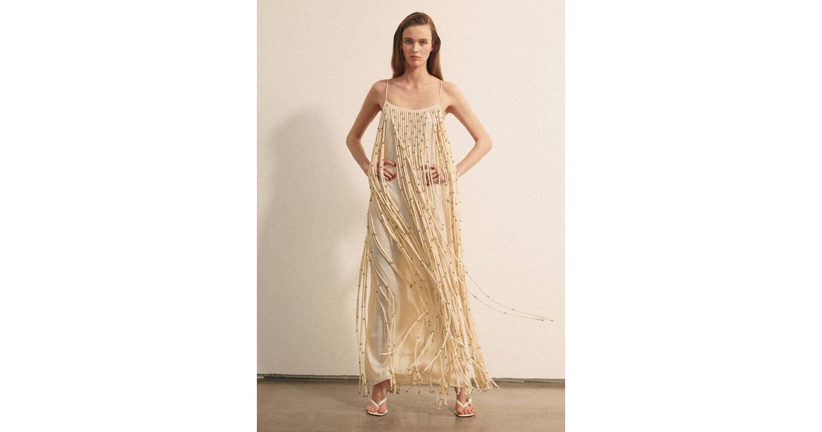 Mango Long Dress With Sphere Tassels in Natural | Lyst UK