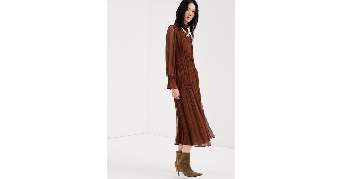 Mango Chiffon Panel Dress in Brown | Lyst UK