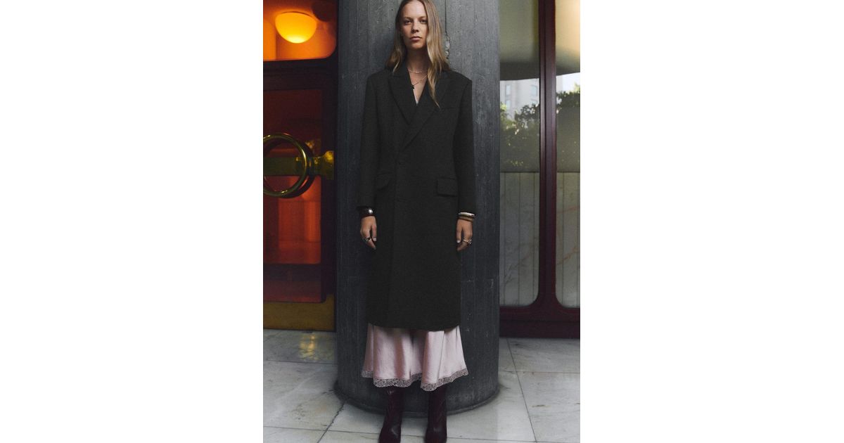 Mango Long Double-Breasted Coat in Black | Lyst