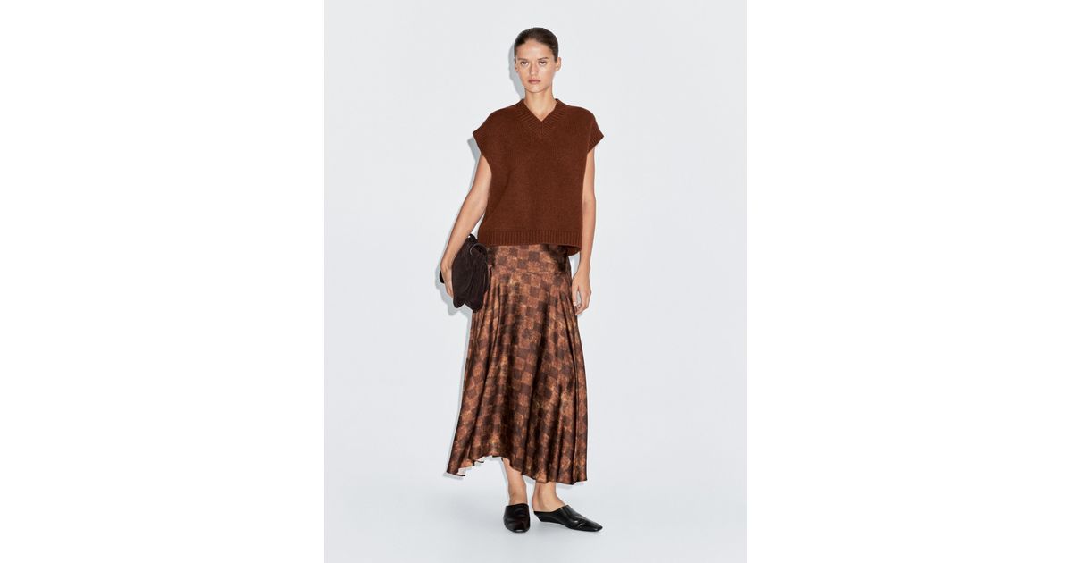 MASSIMO DUTTI Chequered Print Midi Skirt in Brown | Lyst UK