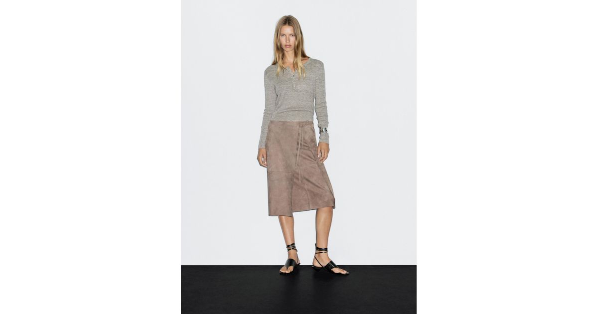 MASSIMO DUTTI Suede Leather Wrap Midi Skirt in White | Lyst UK