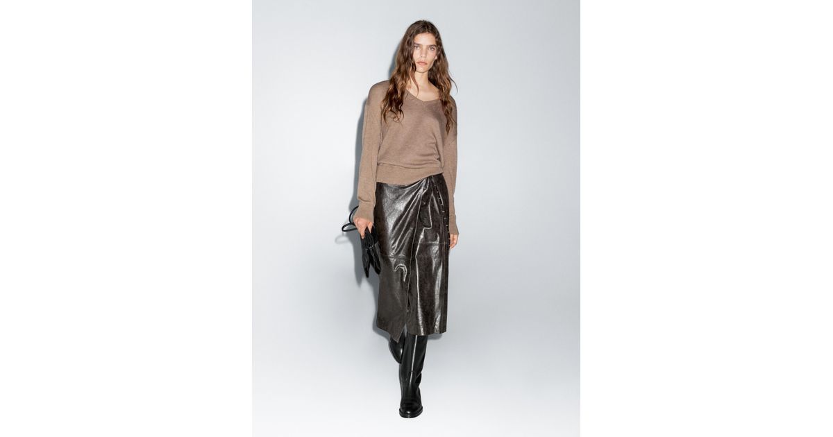 MASSIMO DUTTI Nappa Leather Wraparound Midi Skirt in Brown | Lyst UK