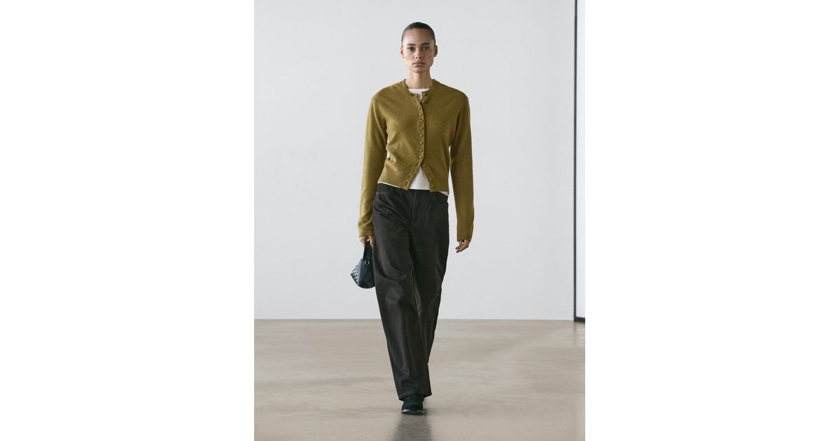 MASSIMO DUTTI Wool Knit Cardigan With Covered Buttons in Green | Lyst UK