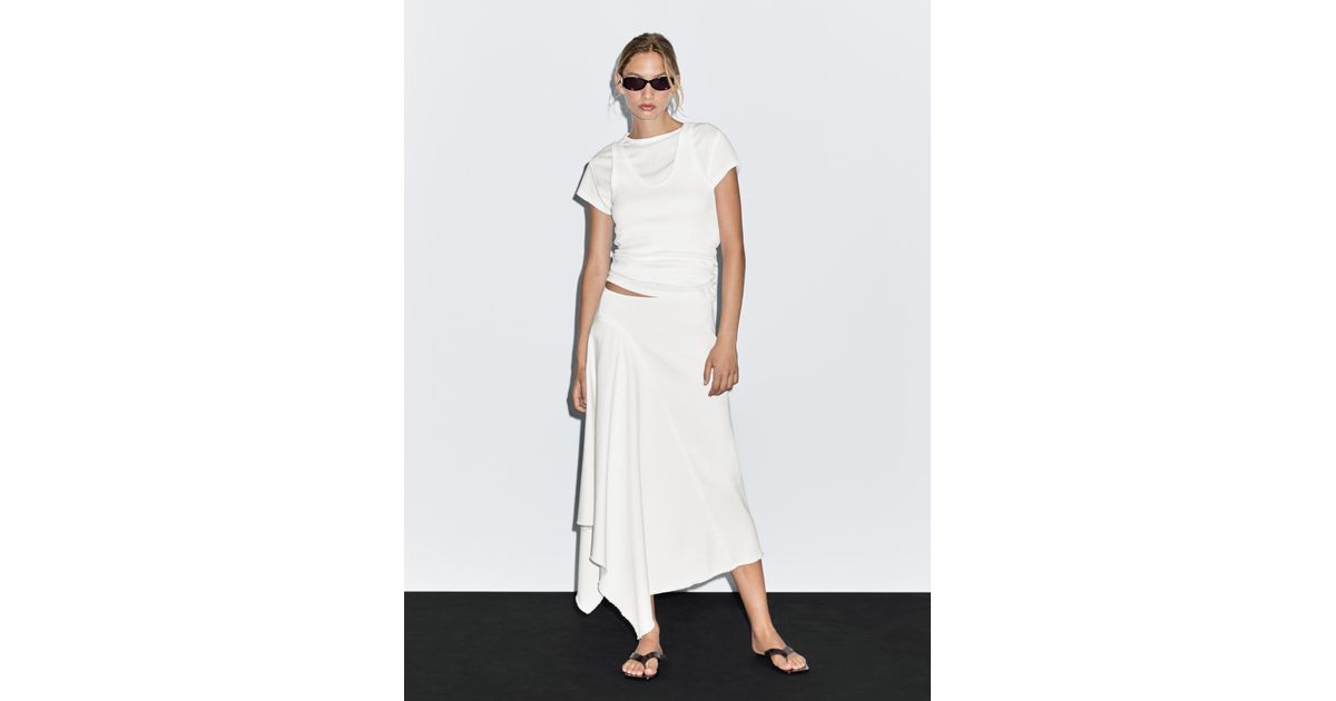 MASSIMO DUTTI Asymmetric Denim Midi Skirt in White | Lyst