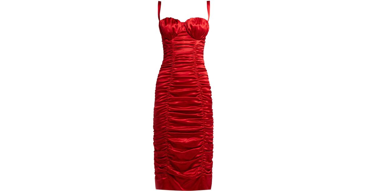 Dolce And Gabbana Ruched Silk Blend Satin Midi Dress In Red Lyst