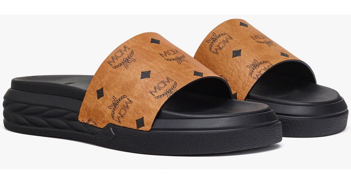 MCM Visetos Slide Sandals in Black for Men | Lyst