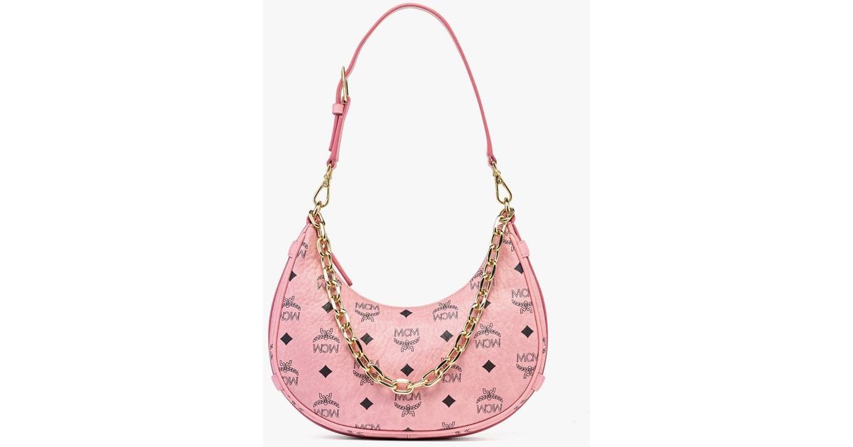 MCM Aren Crescent Hobo Bag In Visetos in Pink | Lyst