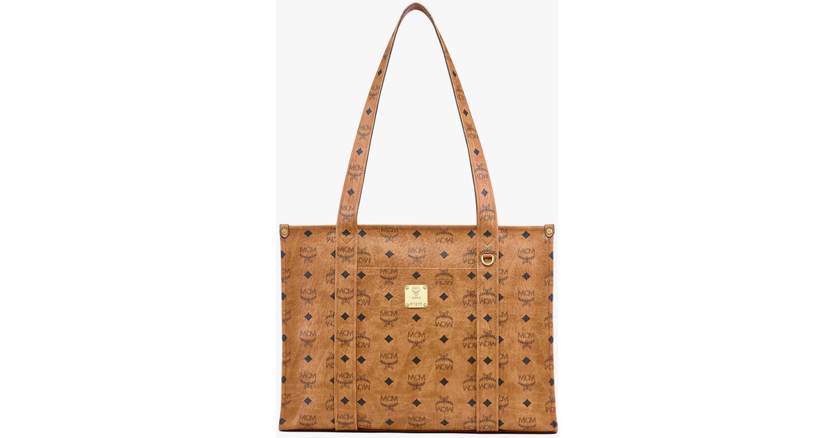 MCM Aren School Tote In Visetos in Brown | Lyst
