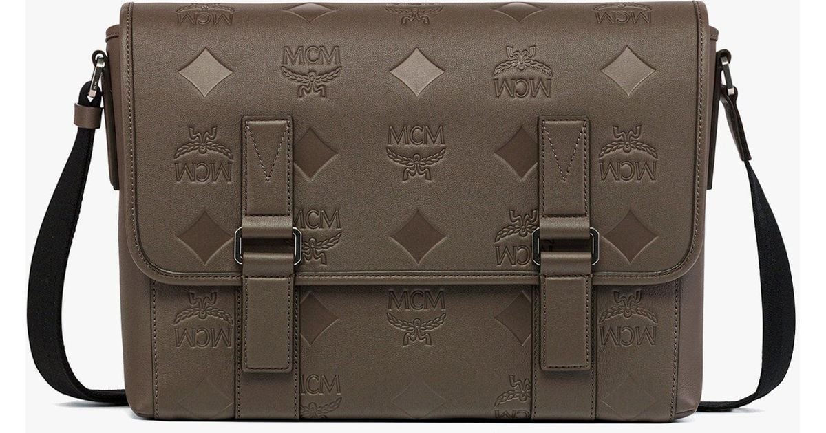 MCM Aren Messenger In Maxi Monogram Leather in Gray for Men | Lyst