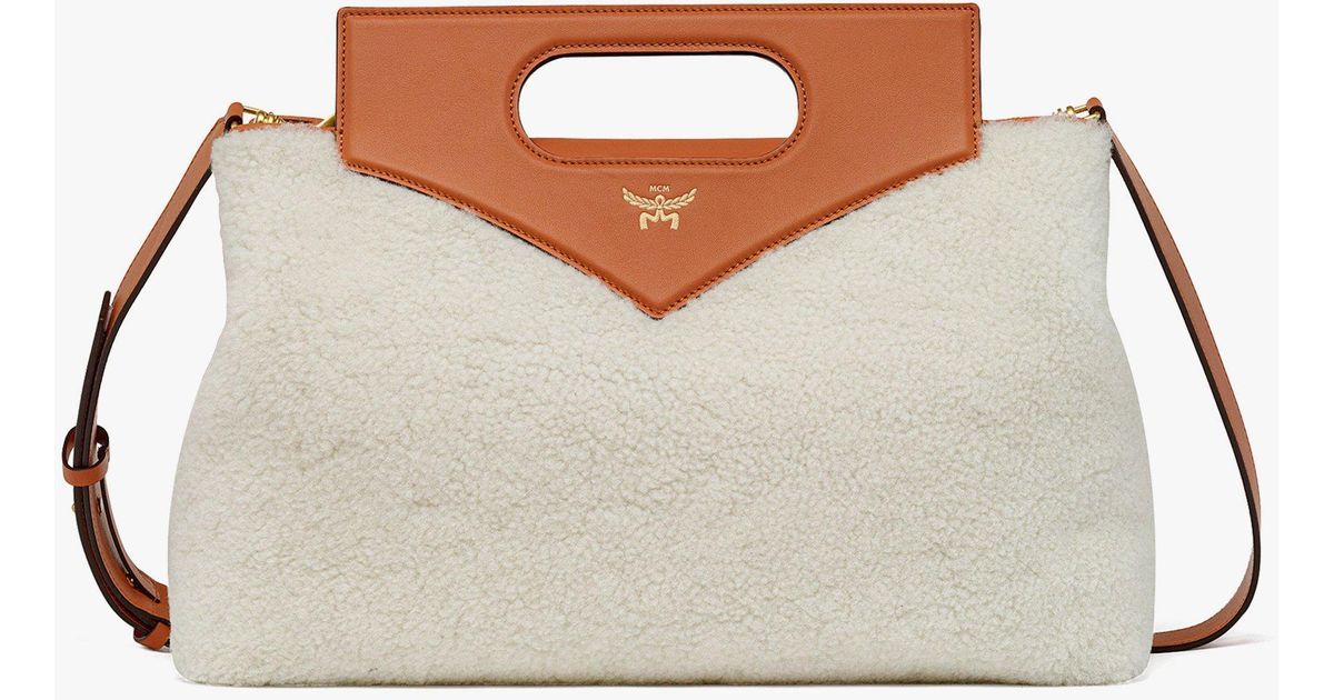 MCM Soft Diamond Tote In Shearling And Leather in Brown | Lyst
