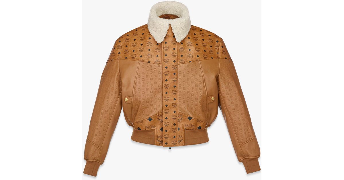 MCM Shearling Bomber Jacket In Visetos Leather Mix in Brown for Men | Lyst