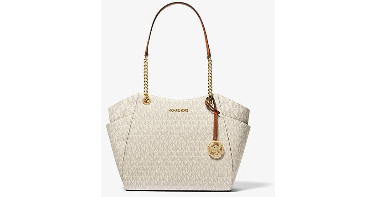 Michael Kors Jet Set Large Signature Logo Shoulder Bag in Natural | Lyst