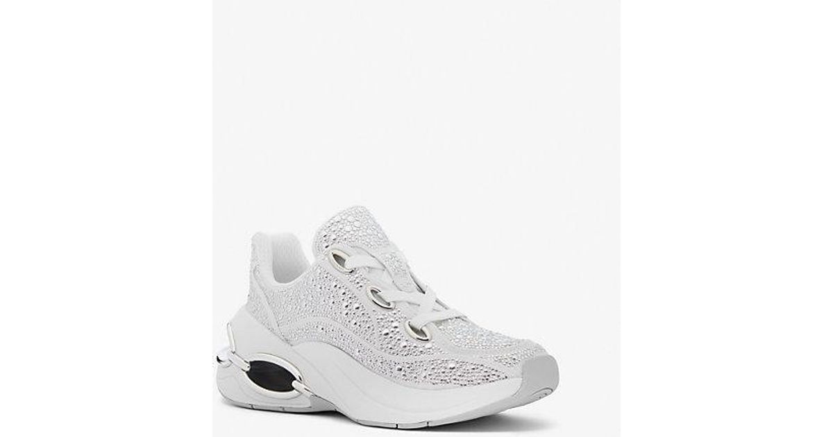 Michael Kors Mk Toni Embellished Linen Blend Trainer in White | Lyst