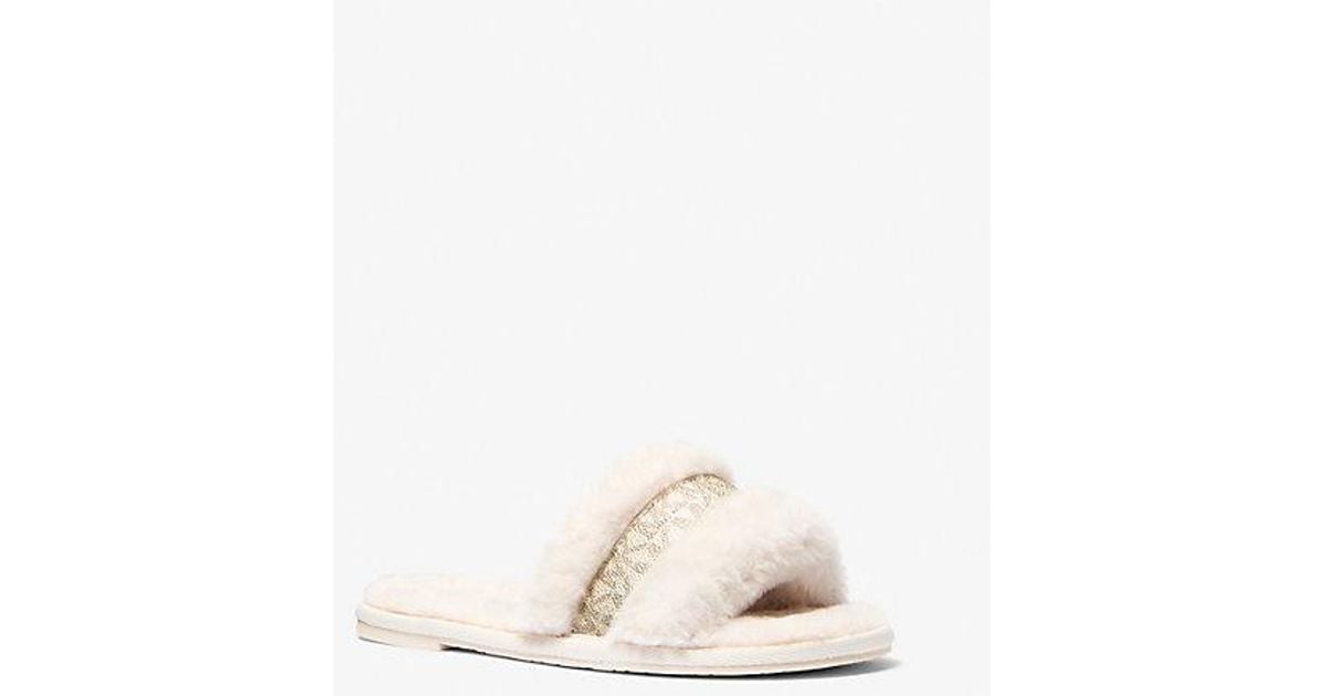 Michael Kors Alexis Faux Fur And Metallic Signature Logo Slide Sandal ...