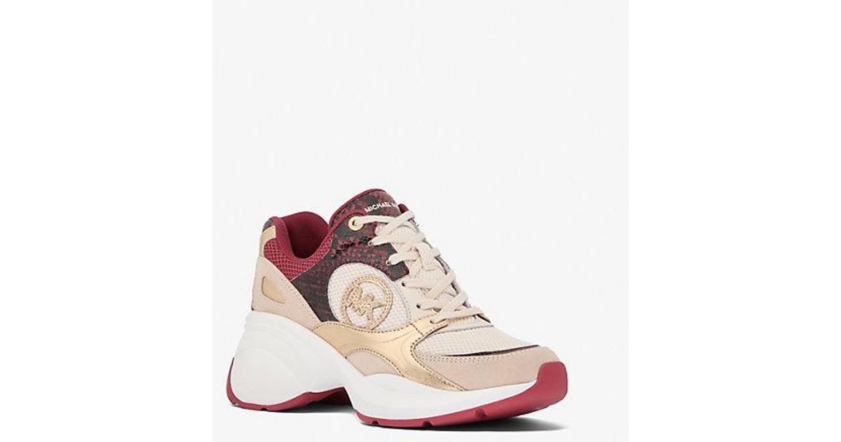 Michael Kors Zuma Snake Embossed Leather And Mesh Trainer in White | Lyst