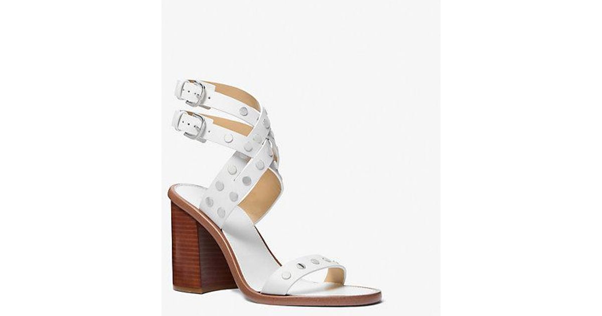 Michael Kors Irene Studded Leather Block Heel Sandal in White | Lyst