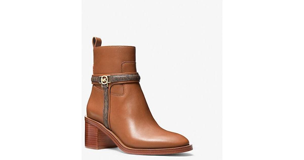 Michael Kors Mindy Leather And Signature Logo Trim Ankle Boot in Brown ...