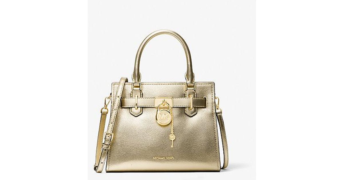 Michael Kors Hamilton Small Metallic Leather Satchel in Natural | Lyst