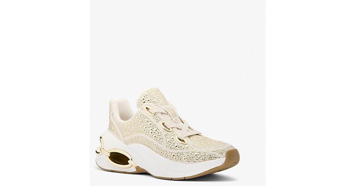 Michael Kors Mk Toni Embellished Linen Blend Trainer in White | Lyst