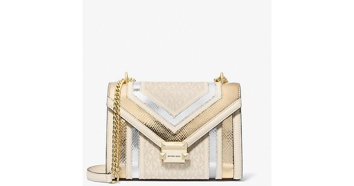 Michael Kors Whitney Medium Signature Logo And Metallic Shoulder Bag in Natural | Lyst