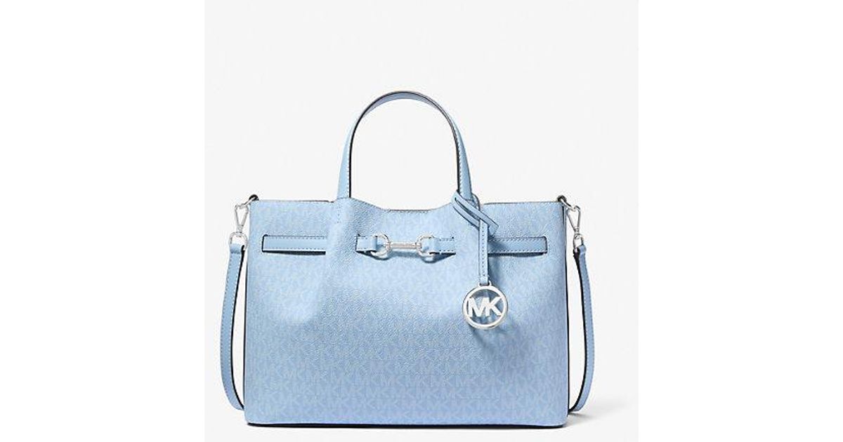 Michael Kors Carson Medium Signature Logo Satchel in Blue | Lyst
