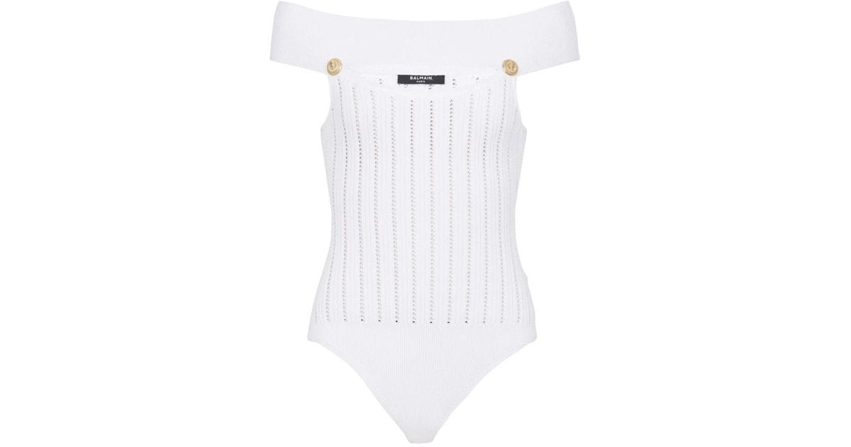 Balmain Openwork Knit Bodysuit in White | Lyst