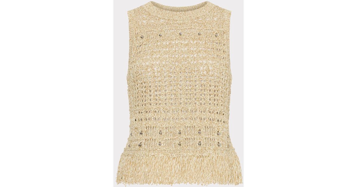 MILLY Beaded Fringe Knit Top in Natural | Lyst