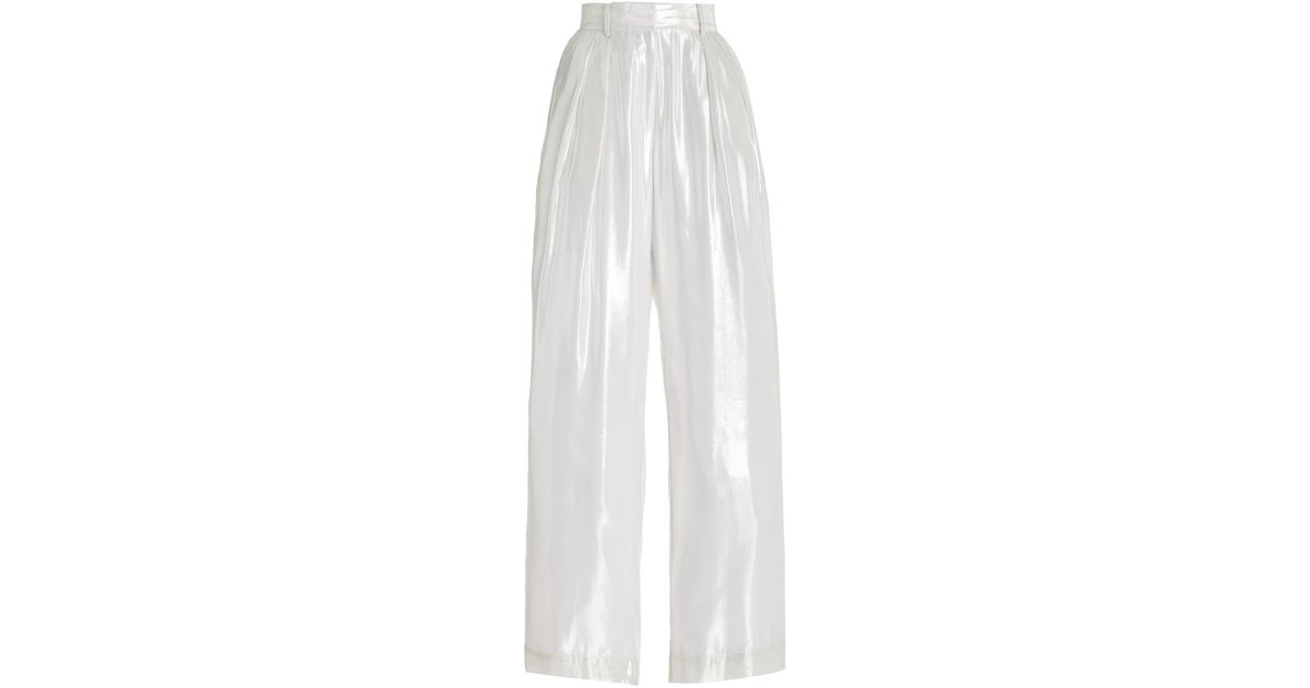 STAUD Luisa Pleated Metallic-satin Wide-leg Pants in White | Lyst