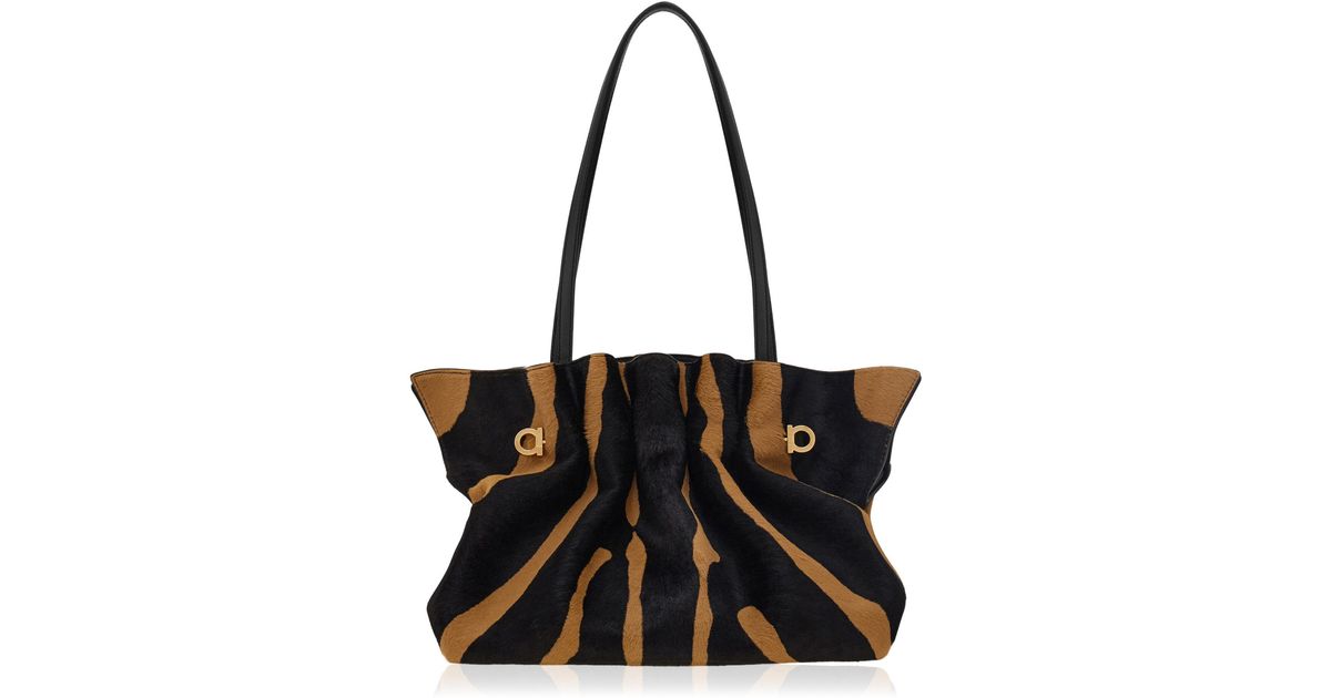 Ferragamo Soft Medium Calf Hair Bag in Black | Lyst