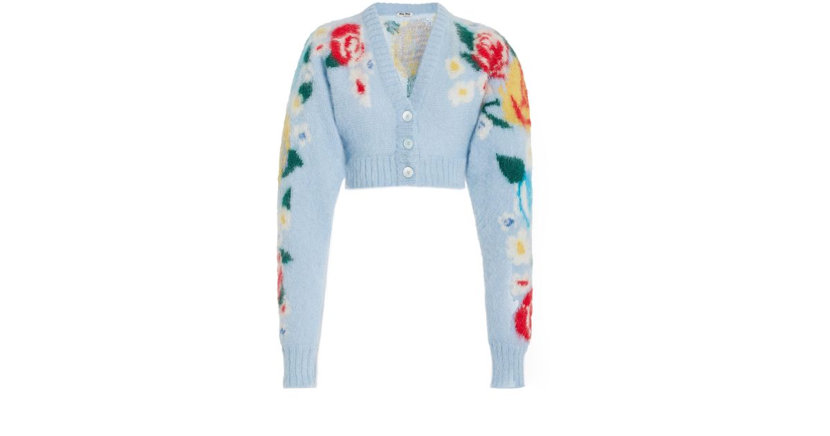 Miu Miu Floral Mohair-blend Cropped Sweater in Blue | Lyst Miu Miu Floral Mohair-blend Cropped Sweater in Blue | Lyst