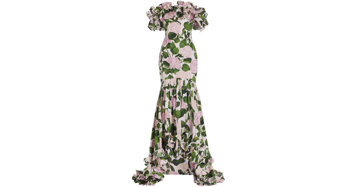 Oscar De La Renta Hydrangea Ruffled Cotton Off The Shoulder Gown In