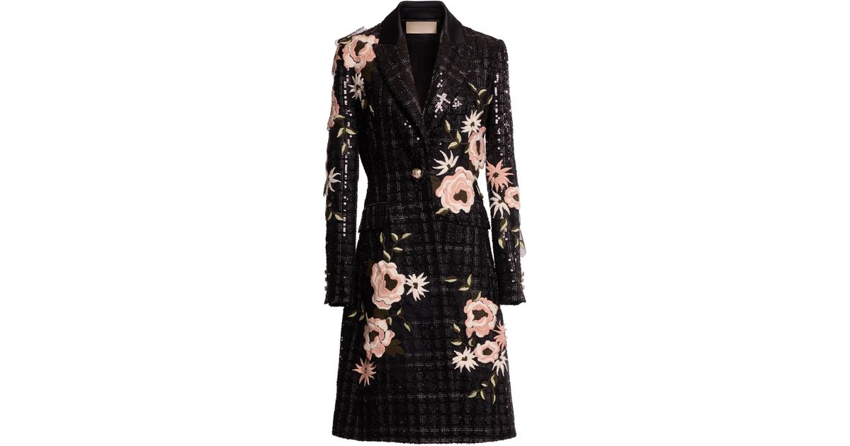 Elie Saab Tweed Floral Embroidered Coat in Black | Lyst UK