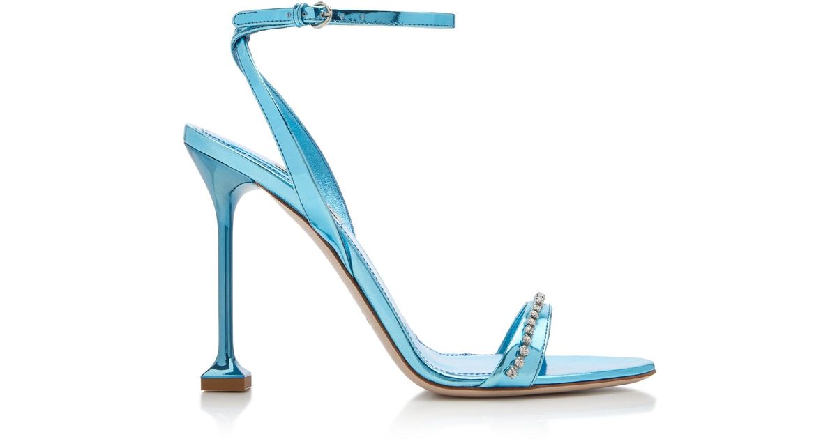 Miu Miu Crystal-trimmed Metallic Leather Sandals in Blue | Lyst