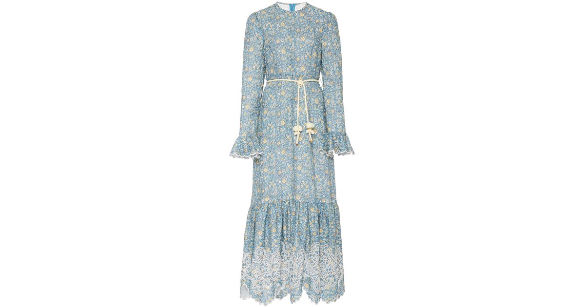 Zimmermann Carnaby Rope Belt Floral Print Linen Midi Dress In Blue Lyst