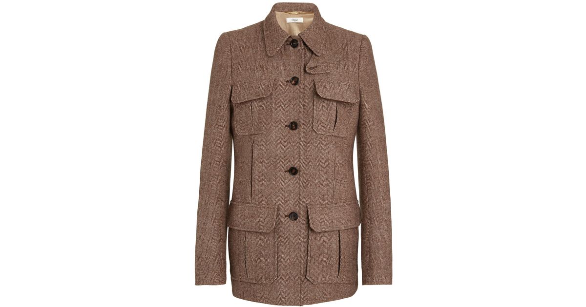 Chloé Pocket-detailed Herringbone Wool Jacket in Brown | Lyst
