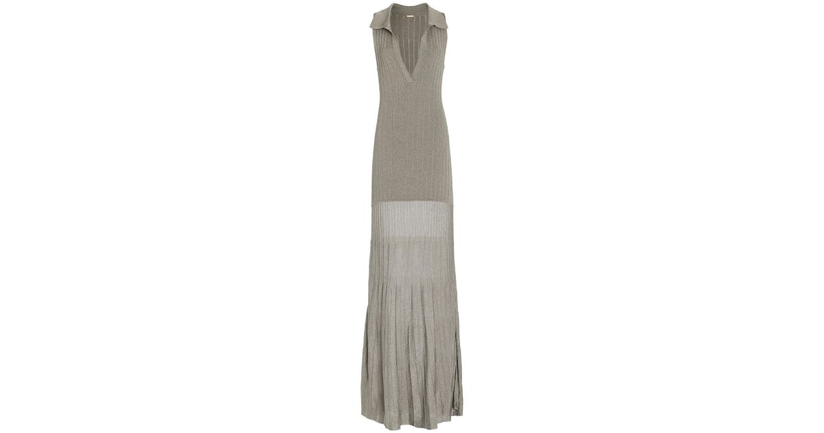 Adam Lippes Tashi Metallic Ribbed-Knit Maxi Dress in Gray | Lyst
