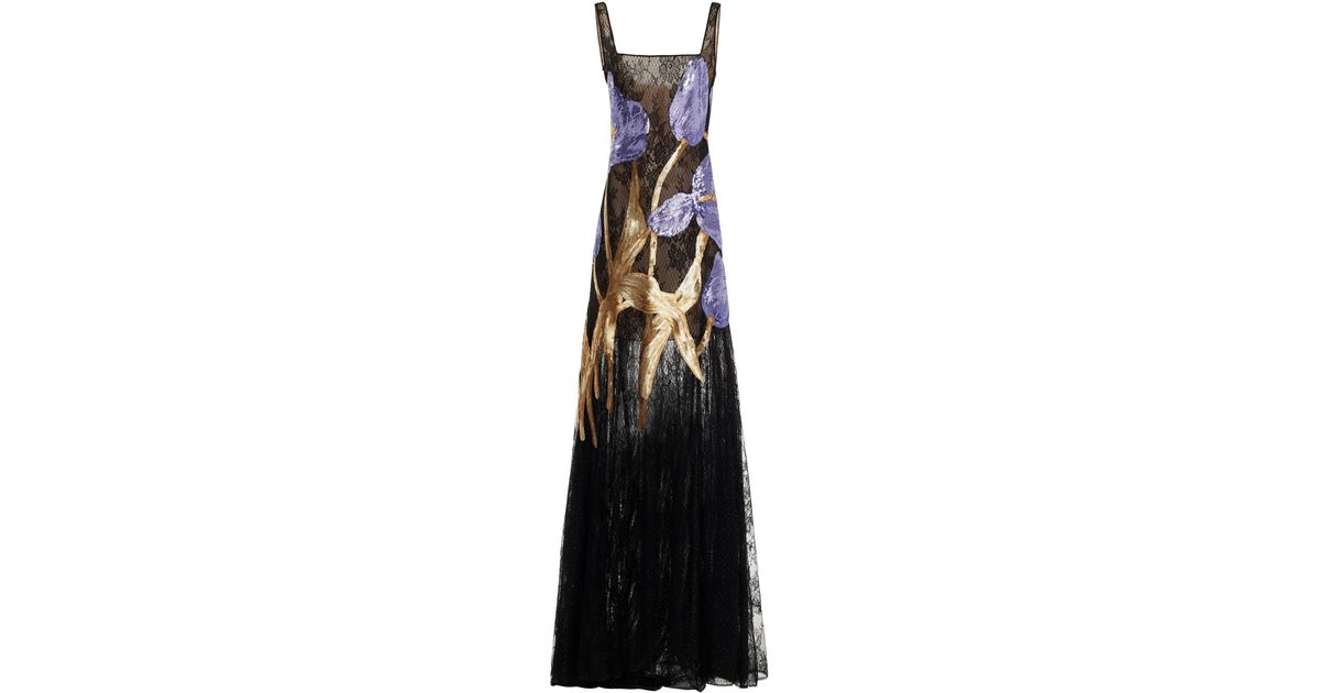 Costarellos Felice Glittered Chantilly Lace Gown in Black | Lyst