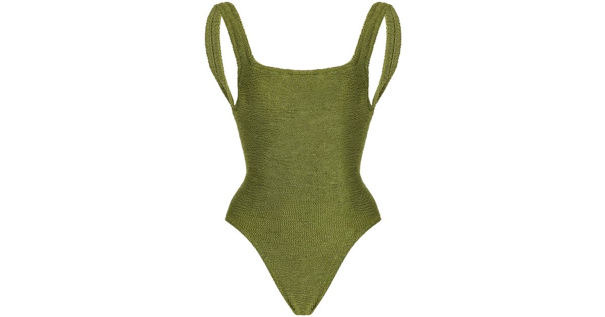 Hunza G Square-neck Seersucker One-piece Swimsuit in Green | Lyst