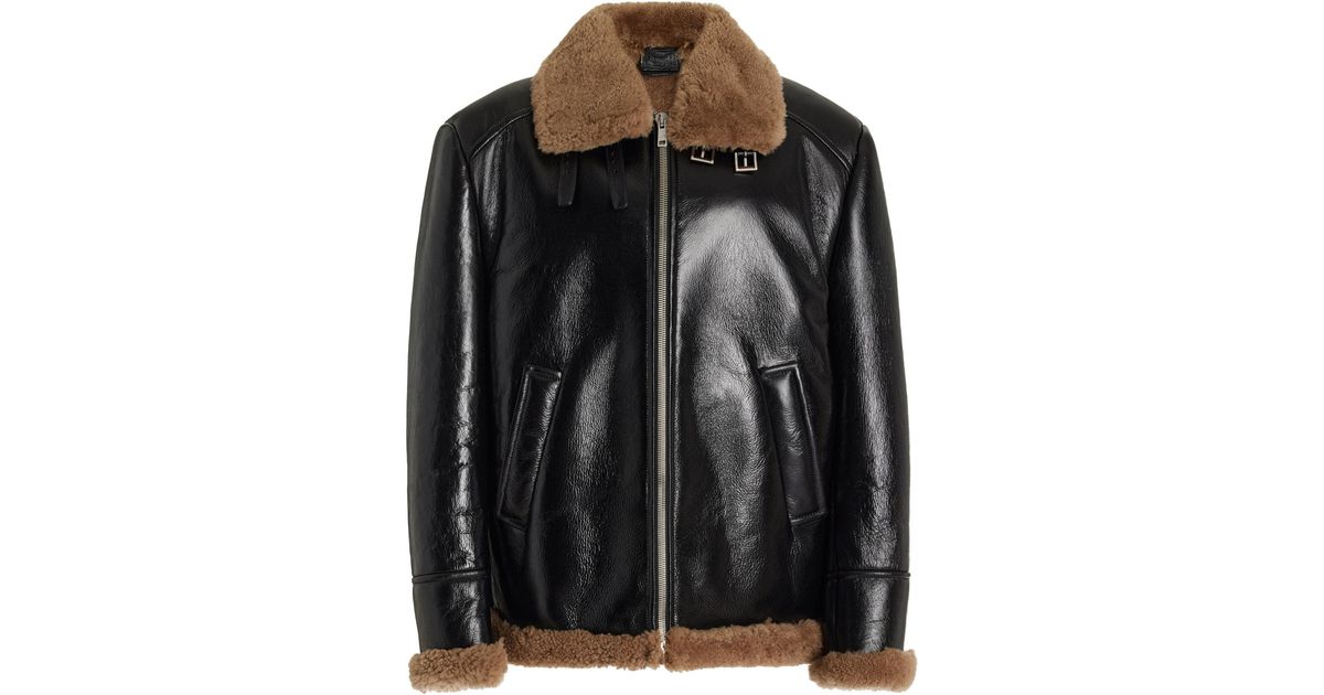 Prada Shearling Leather Bomber Jacket in Black | Lyst