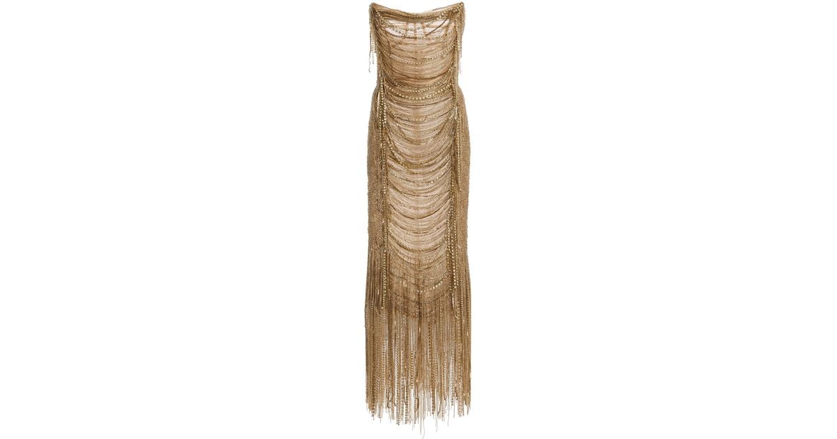 Oscar de la Renta Strapless Bugle Loops Maxi Cocktail Dress in Natural ...