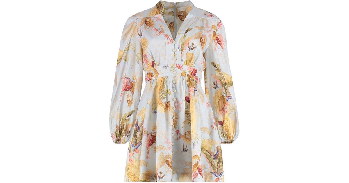 Zimmermann Ascension Plunge Printed Linen Dress in White | Lyst