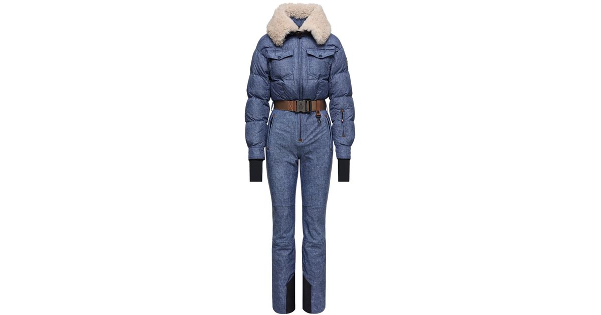Moncler Shearling-Trimmed Down Ski Suit in Blue | Lyst