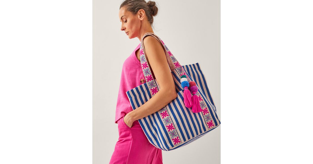 Monsoon Dara Embroidered Stripe Beach Bag in Pink | Lyst UK