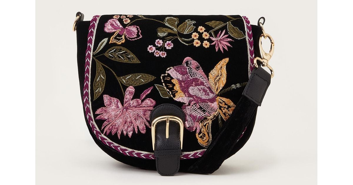 Monsoon Freya Embroidered Velvet Saddle Bag Black | Lyst UK